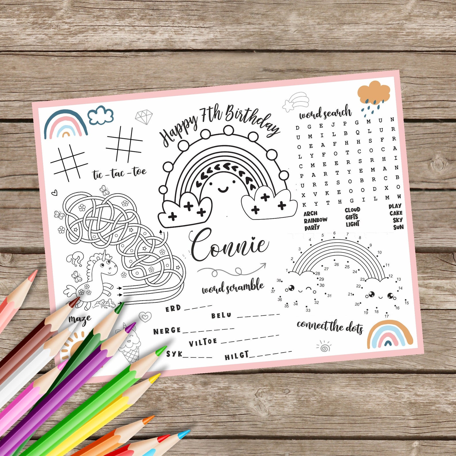 Rainbow Birthday Coloring Place Mat Party Activity - Etsy
