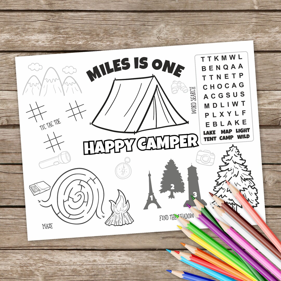Digital Happy Camper Coloring Placemat, Camping Kids Activity Table Mat ...