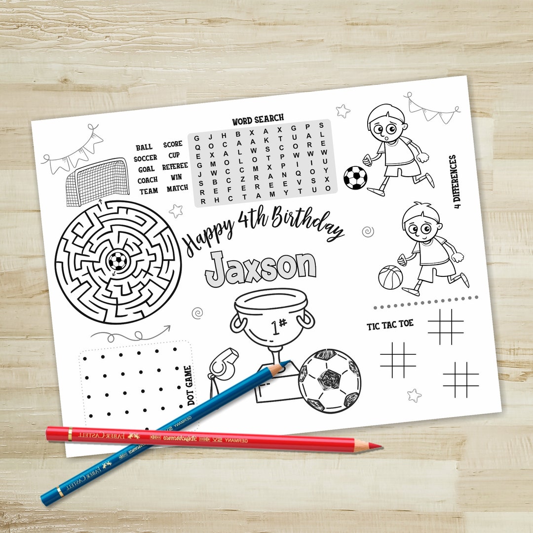 Soccer Coloring Place Mat, Soccer Birthday Party Favor, Football ...