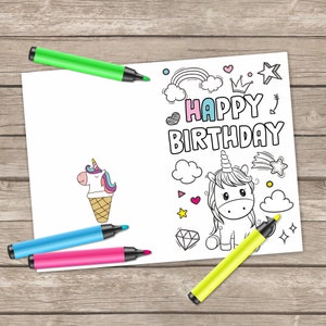 Instant Download Birthday Coloring Card, Digital Unicorn Greeting Card ...