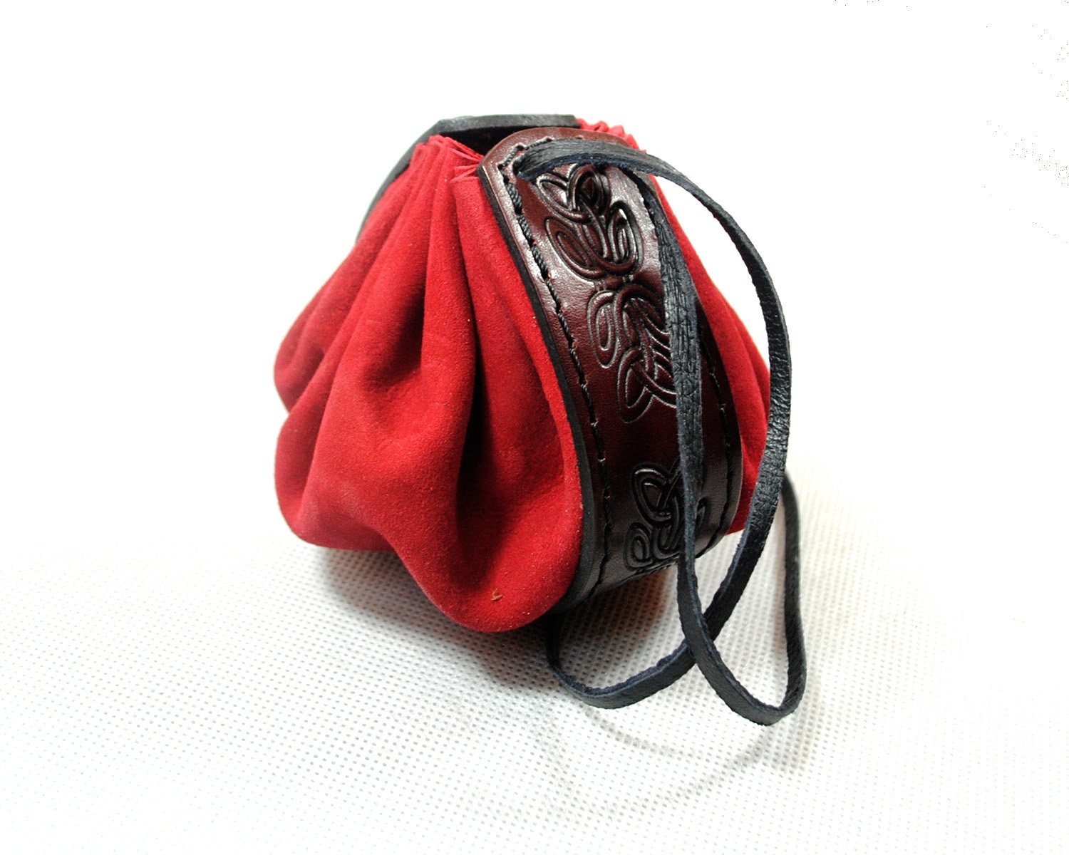 Medieval suede drawstring pouch with ornamented leather strap | Etsy