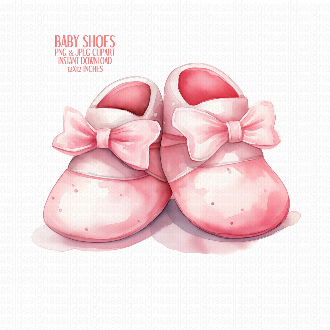 Pink Bow Baby Shoes With Shadow Watercolor Clip Art PNG | Baby Shower ...