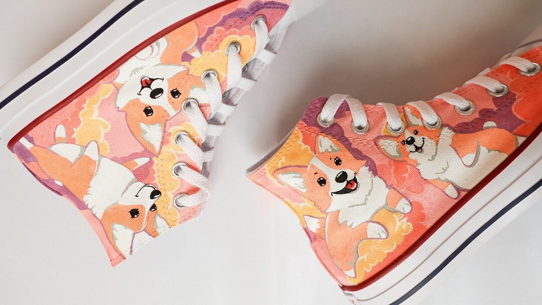 Corgi Custom Shoes, Painted Converse With Cute Corgi Dogs Flying in the ...