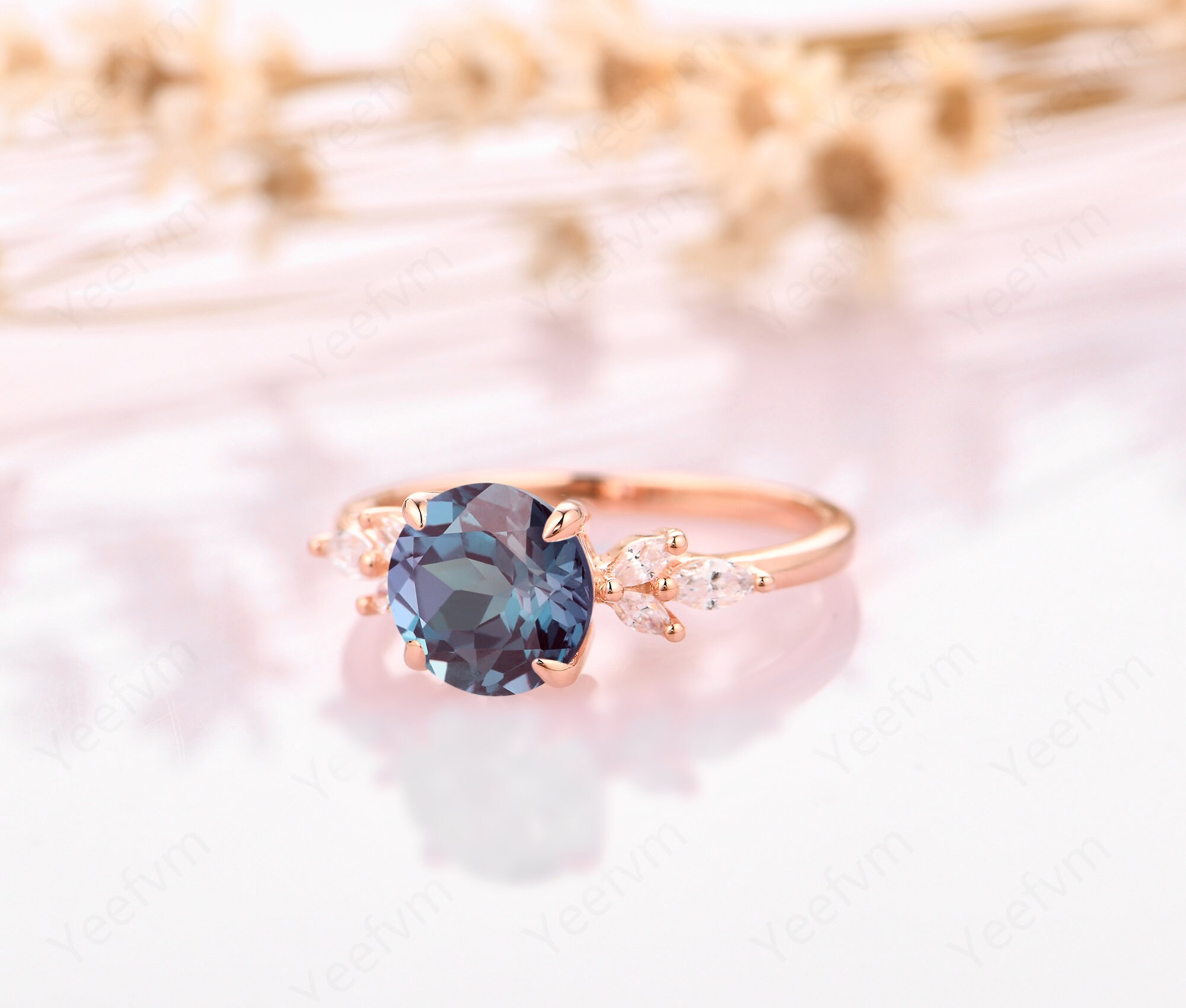 Antique Engagement Ring/ 8mm Round Cut Alexandrite Ring/ Solid | Etsy