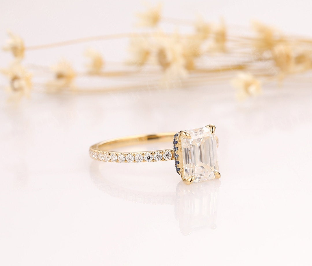 Natural Blue Sapphire Hidden Halo Bridal Ring/ 2CT Emerald Cut - Etsy