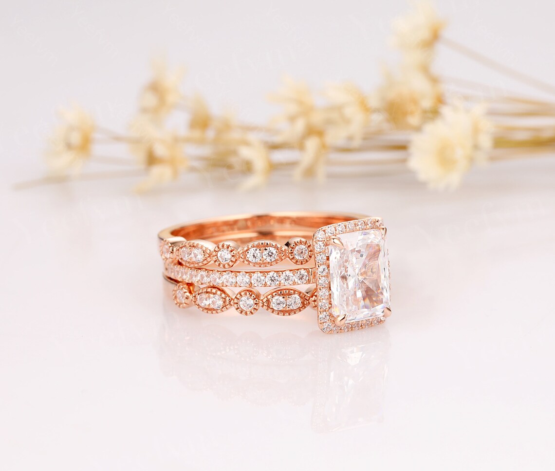 Vintage 3PCS Bridal Set/ Halo 1.9CT Rectangle Simulated - Etsy