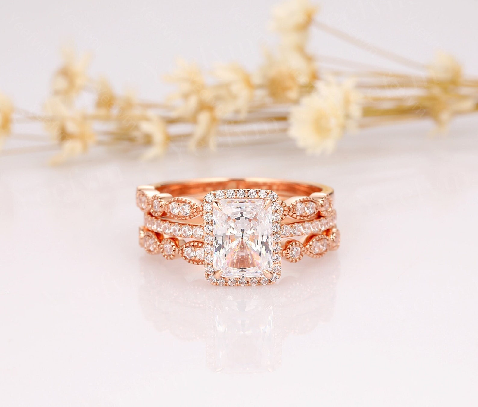 Vintage 3PCS Bridal Set/ Halo 1.9CT Rectangle Simulated - Etsy