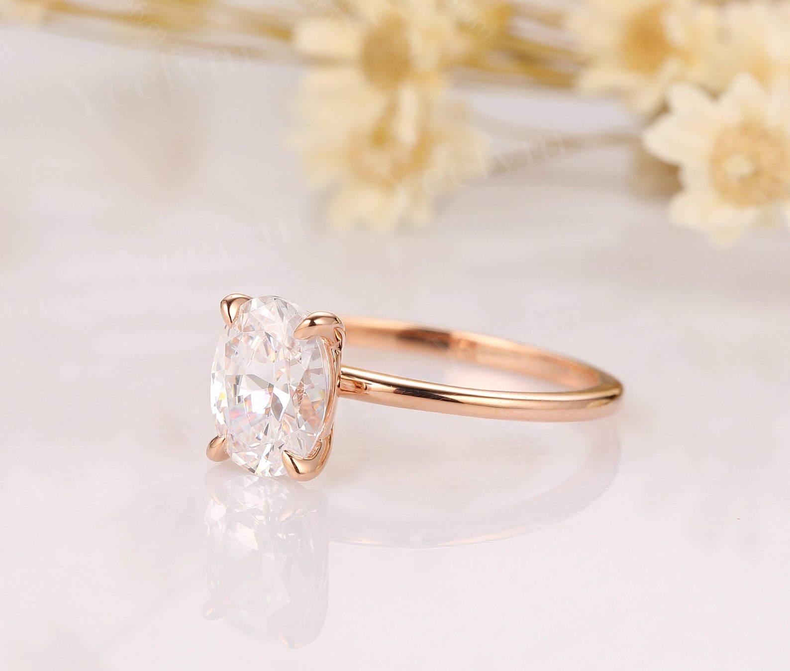 14K Solid Rose Gold Rings/ Solitaire 1.5CT Oval Simulated - Etsy