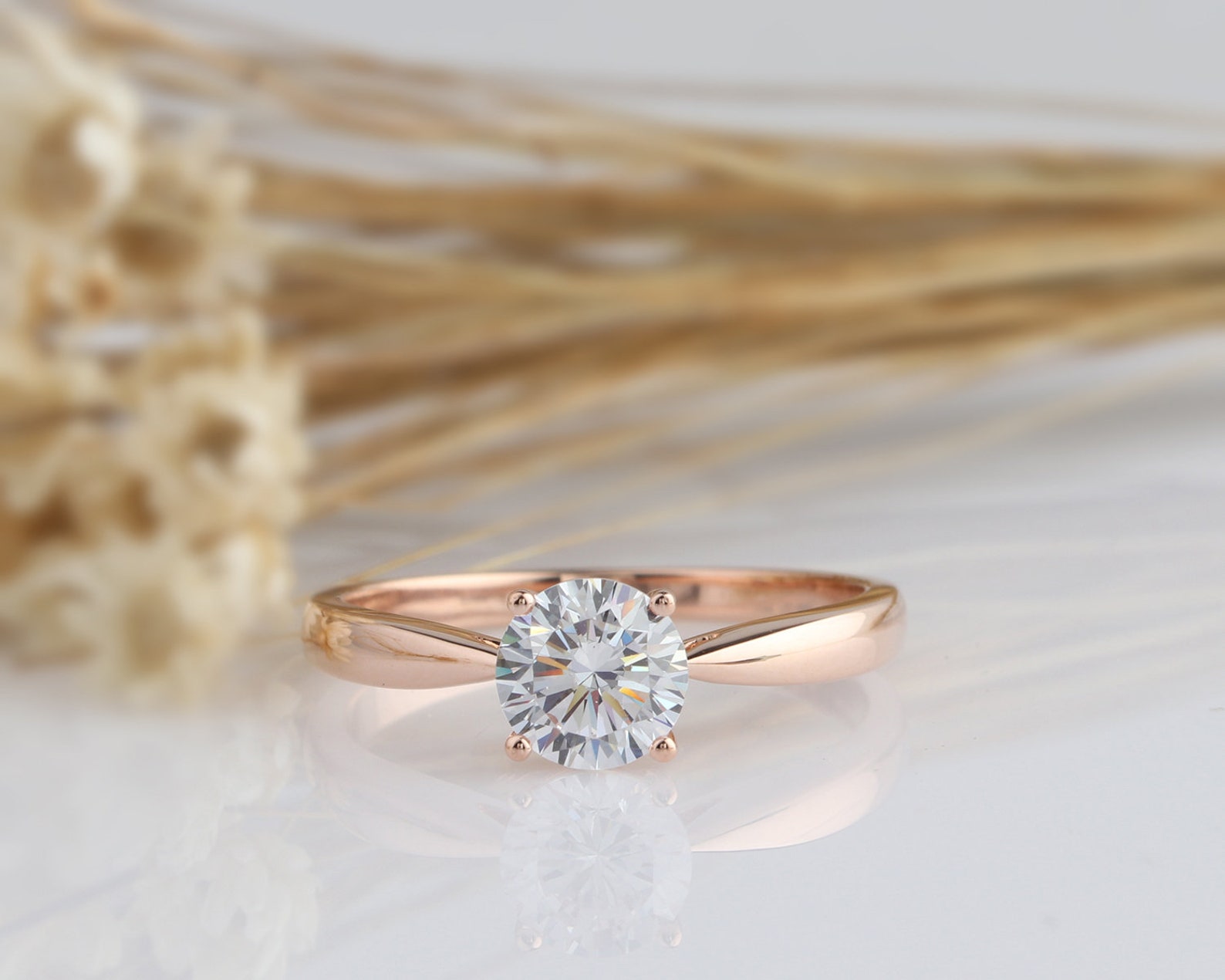 14K Solid Gold Ring /1.2CT Round Simulated Diamond Center/ | Etsy