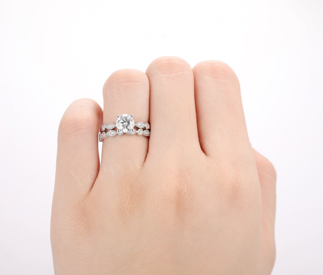 14K Solid Gold Wedding Sets /1.0CT Round Simulated Diamond - Etsy