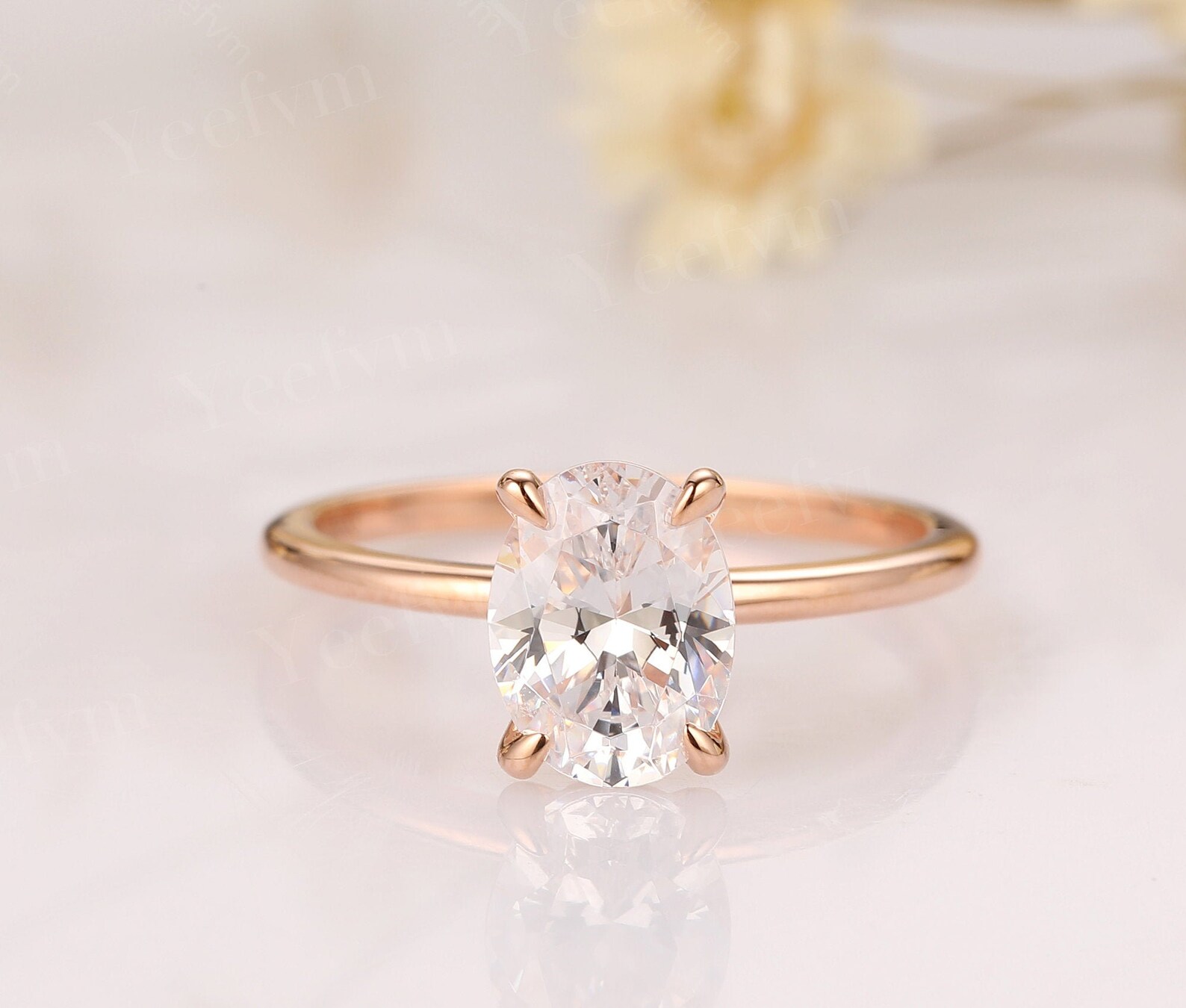 14K Solid Rose Gold Rings/ Solitaire 1.5CT Oval Simulated - Etsy