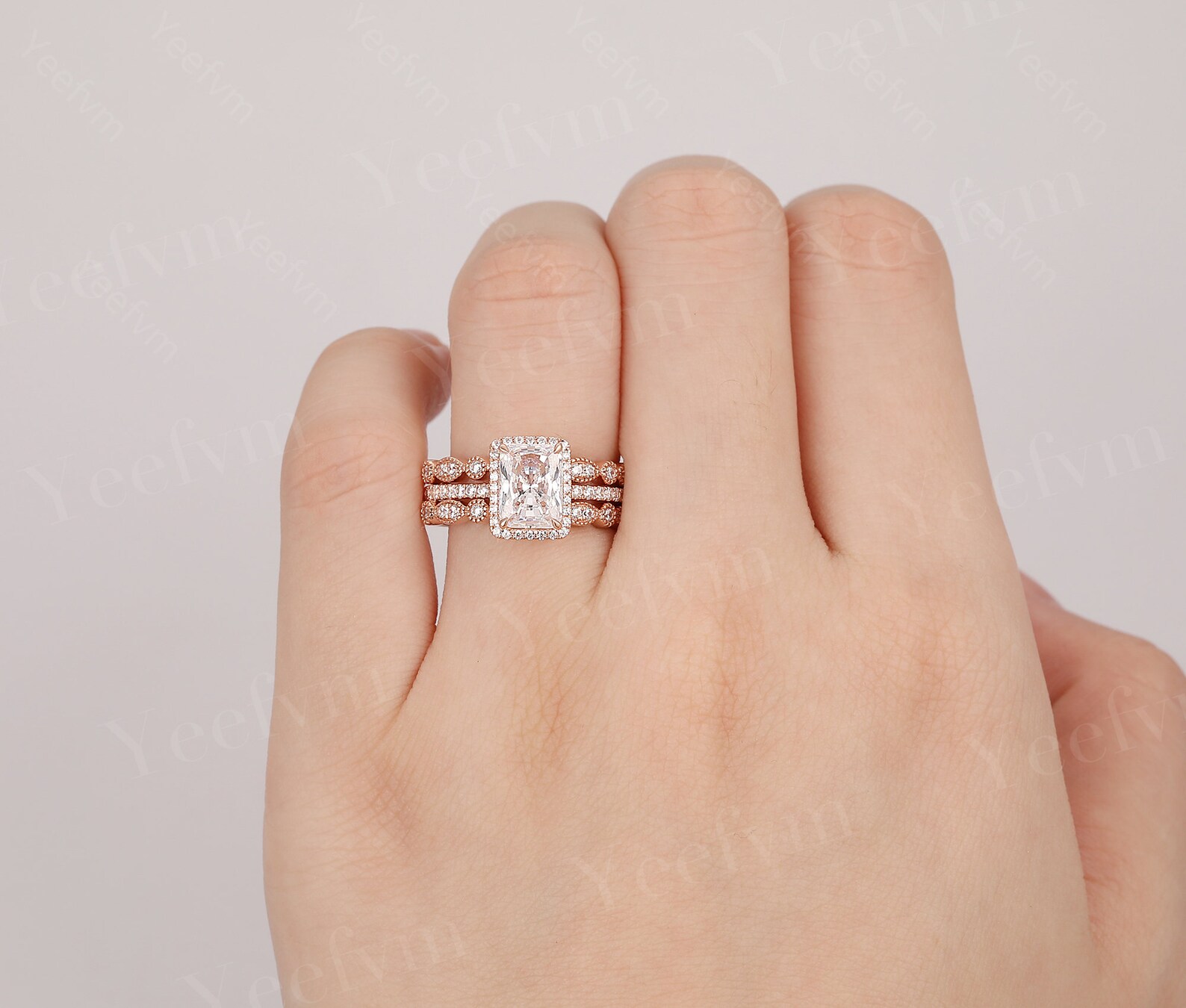 Vintage 3PCS Bridal Set/ Halo 1.9CT Rectangle Simulated - Etsy