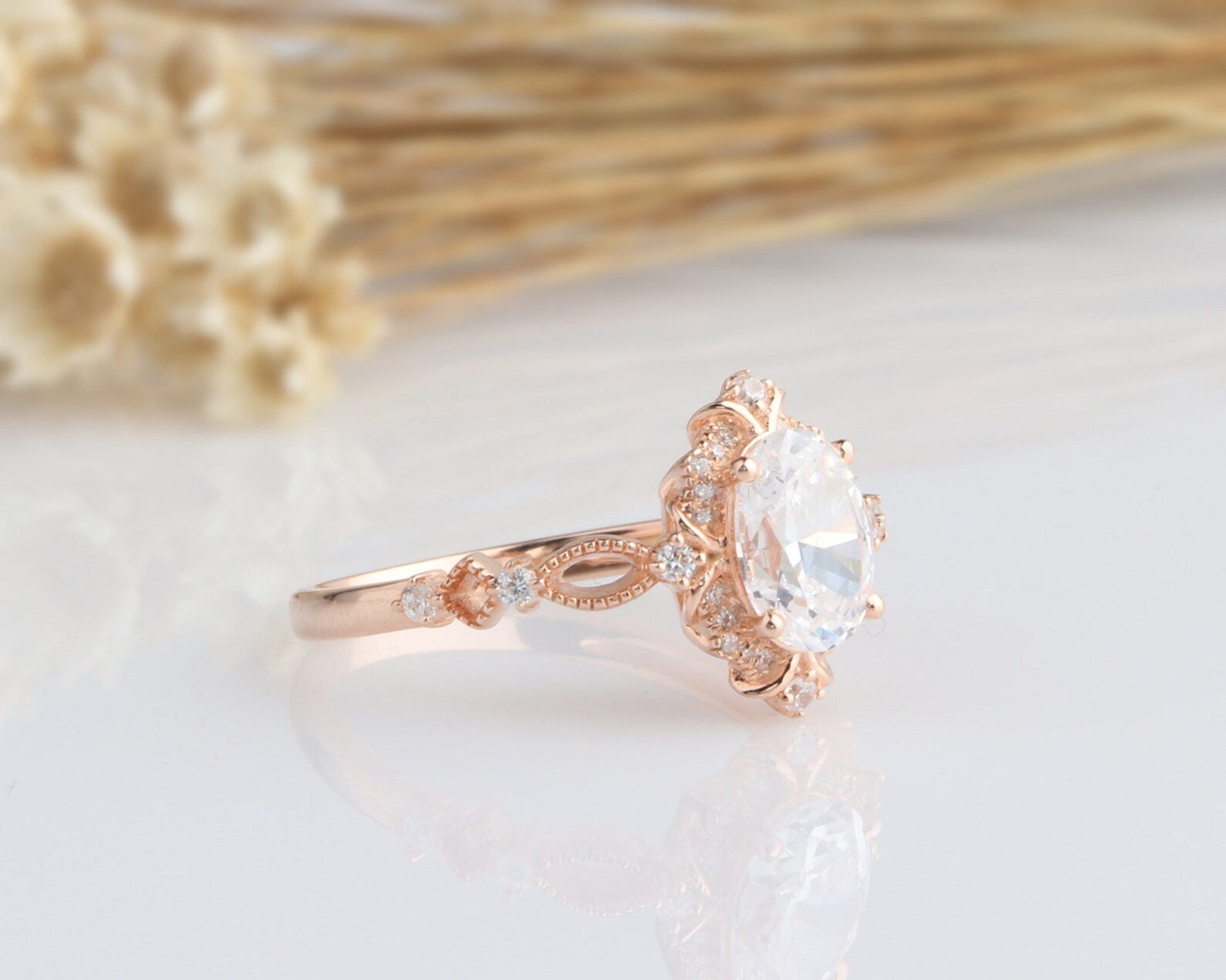 14K Solid Gold Ring/ 1.5CT Oval Simulated Diamond Wedding - Etsy