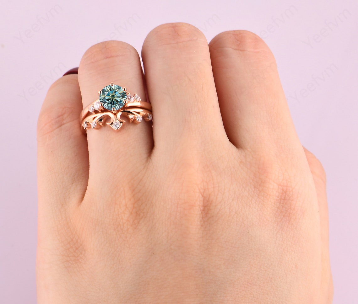 Solide 14K gouden trouwring set / rond gesneden 8mm blauwe - Etsy België