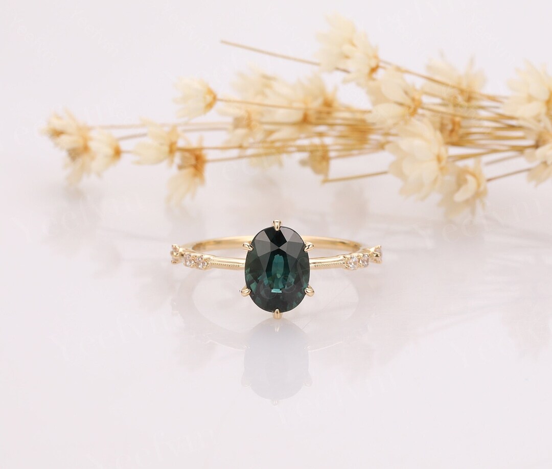 Birthday Gift Rings/ 6x8mm Oval Natural Teal Sapphire Wedding - Etsy
