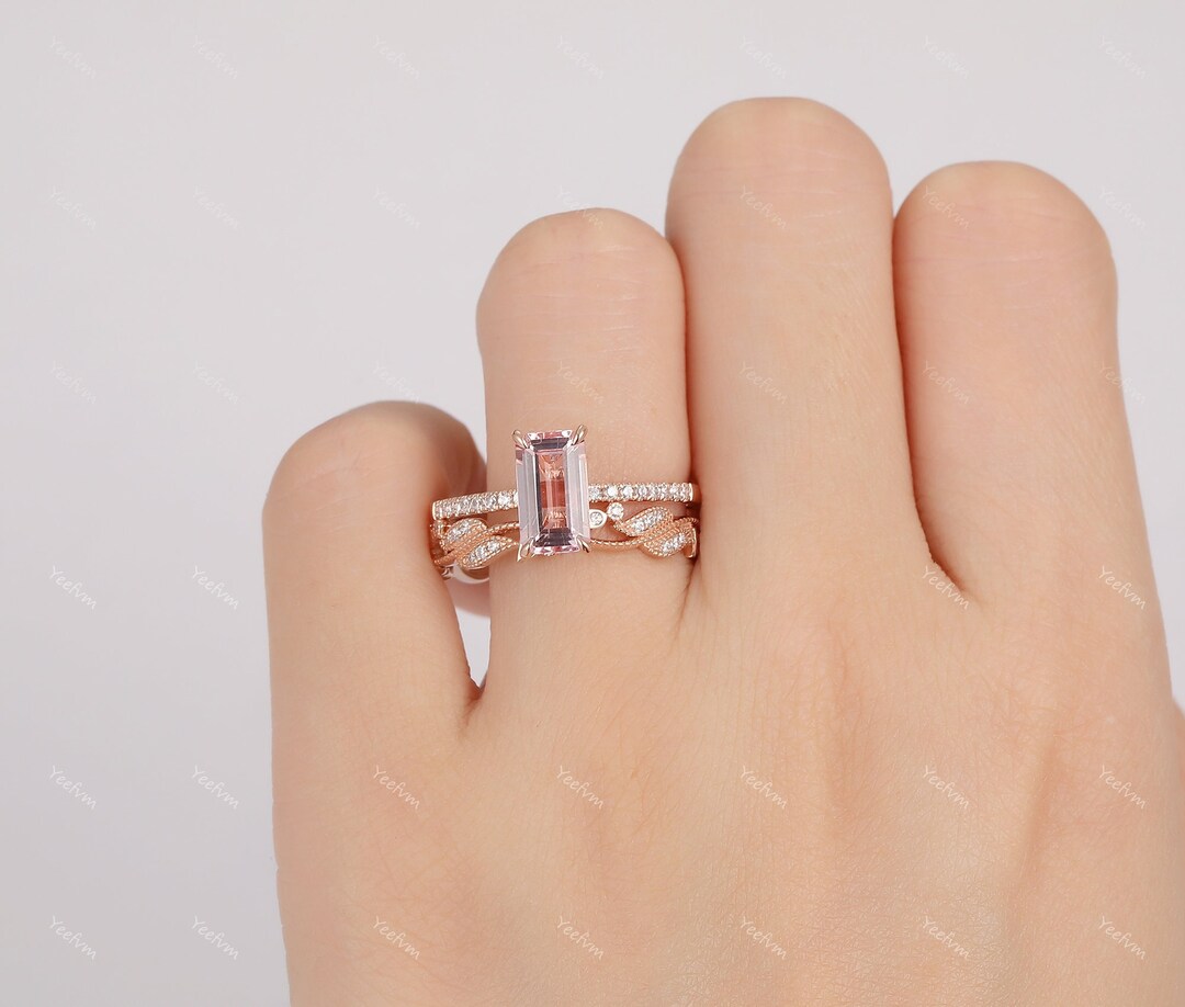 1.35CT Emerald Cut Natural Morganite Bridal Set/ 14K Solid - Etsy