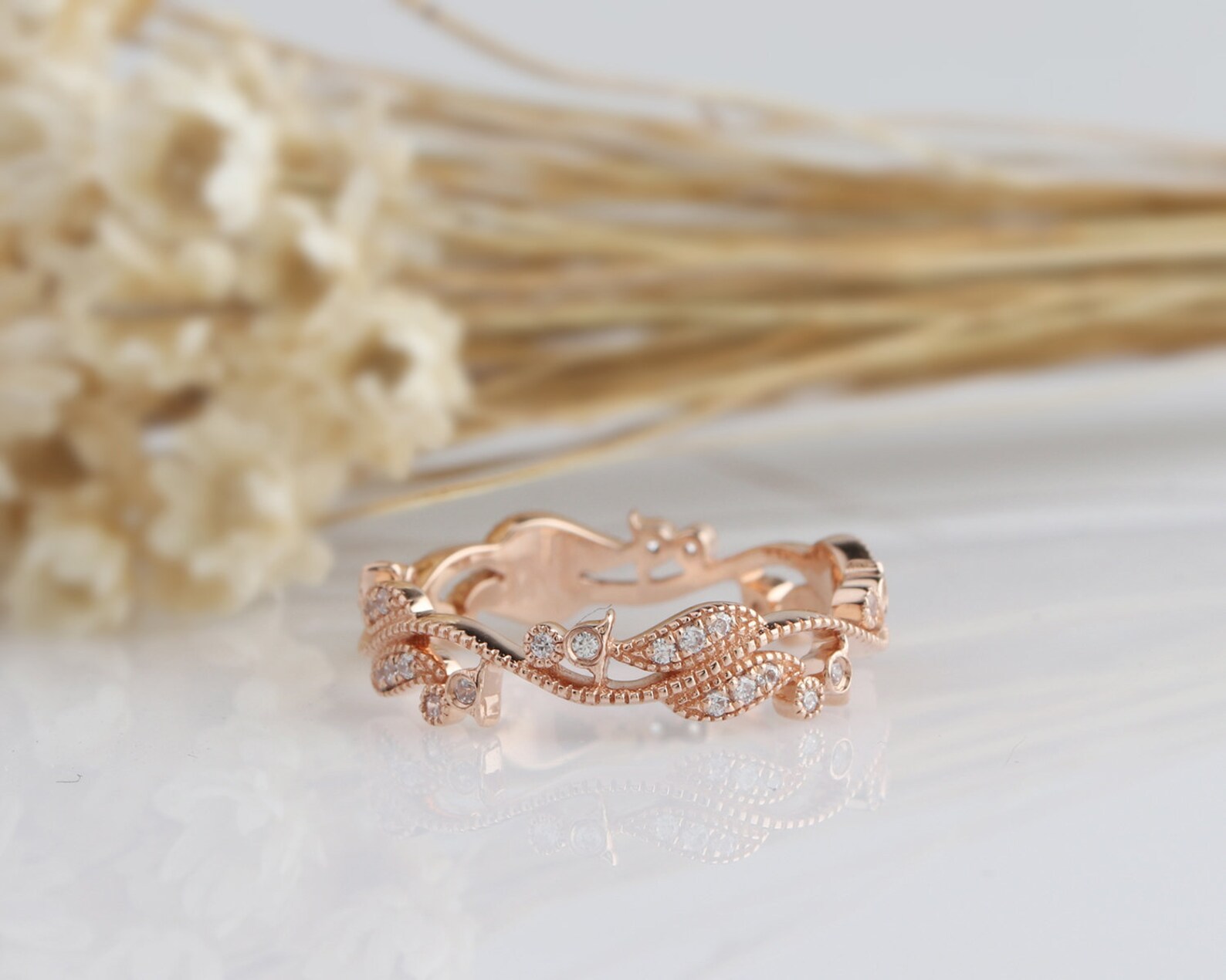 14K Solid Gold Rings/art Deco Simulated Diamond Wedding Band/ | Etsy