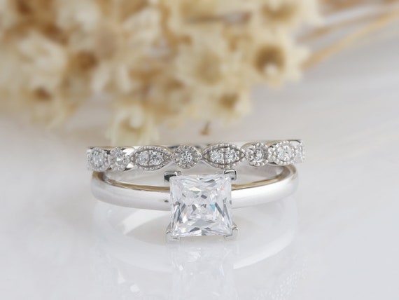 14K Solid Gold Ring/1ct Princess Cut Simulated Diamond Wedding | Etsy