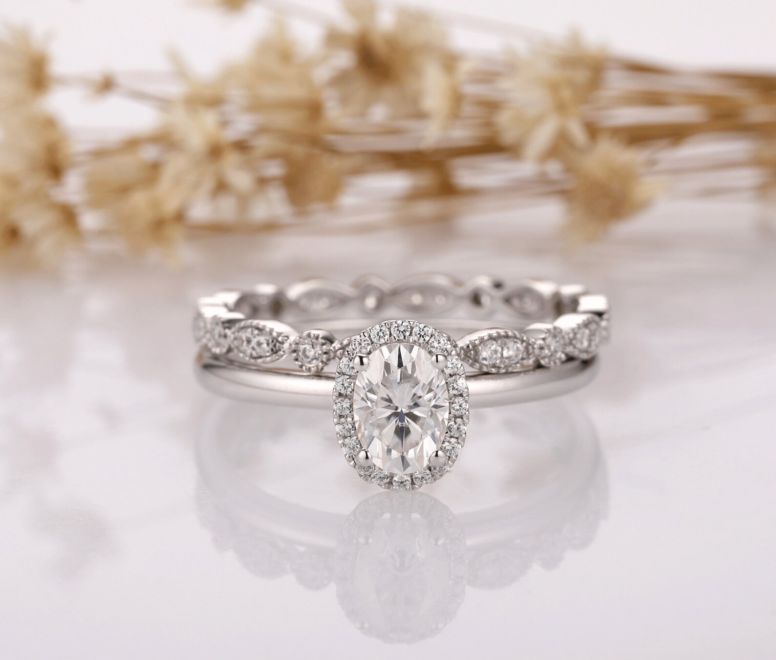 14K Solid Gold Ring Sets/ 1CT Oval Simulated Diamond Wedding | Etsy