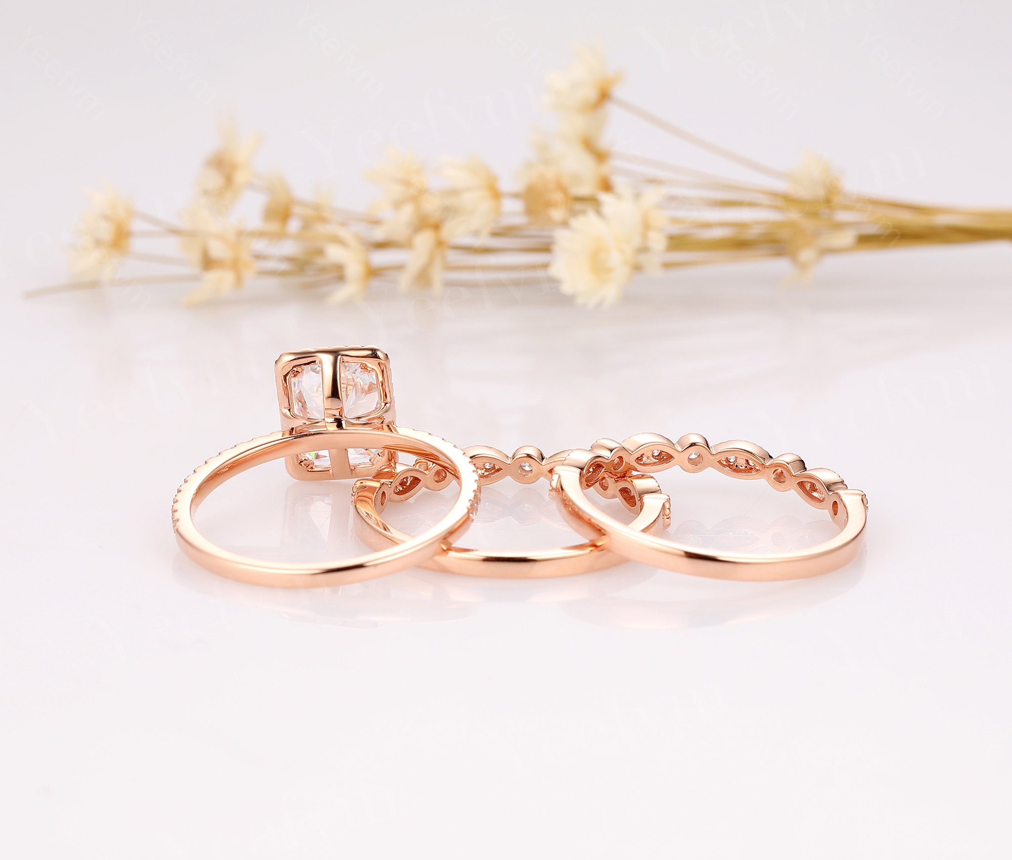 Vintage 3PCS Bridal Set/ Halo 1.9CT Rectangle Simulated - Etsy