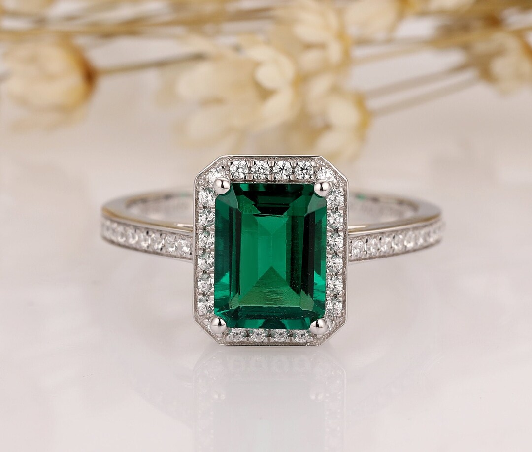 14K Solid Gold Engagement Ring/ 6x8mm Emerald Halo Design - Etsy
