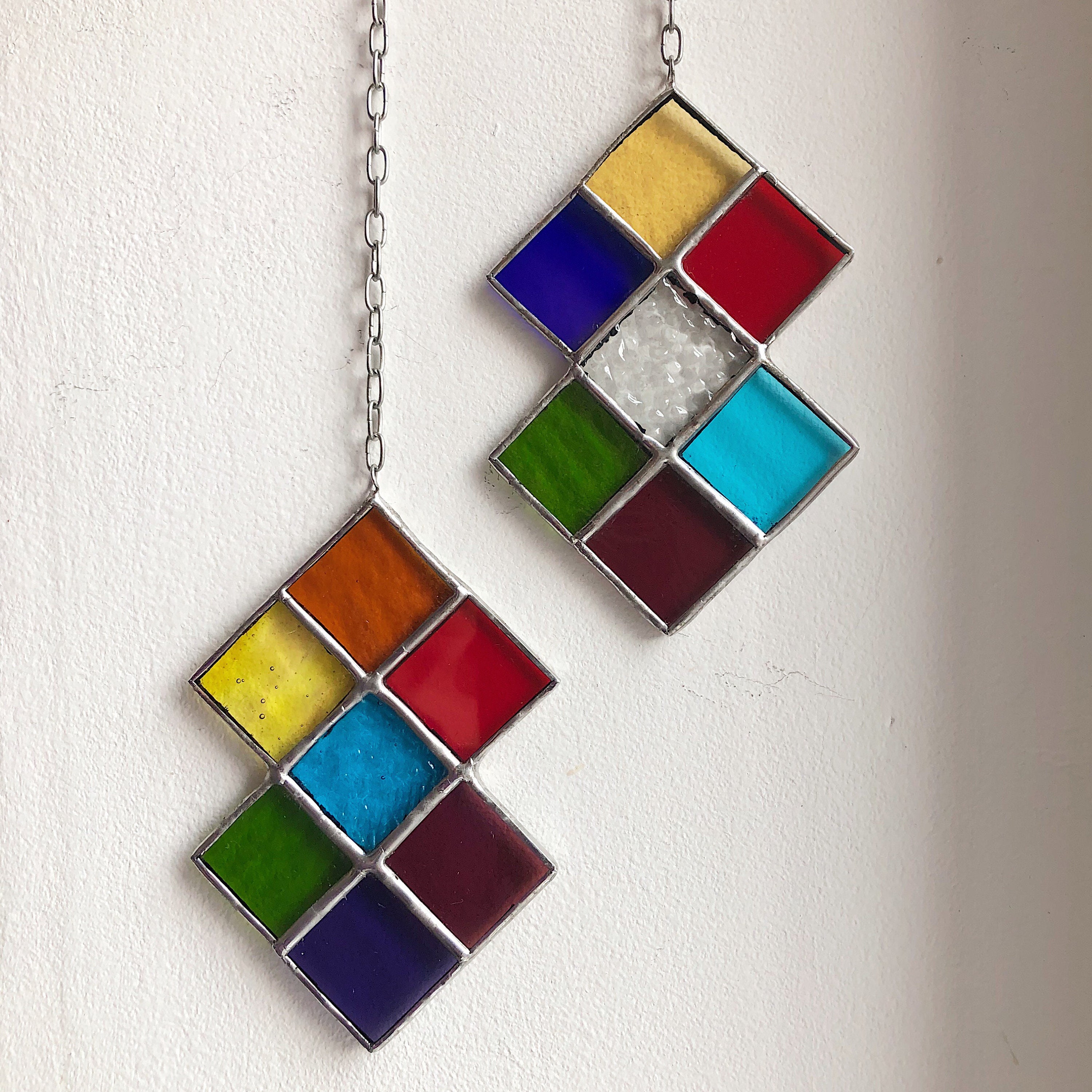 Stained Glass Diamond Shaped Hanging - Colorful Tudor Style Suncatcher ...