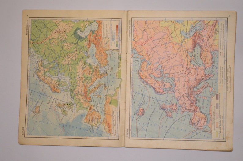 1960s Vintage Large World Maps Geographical Atlas USSR Educational ...