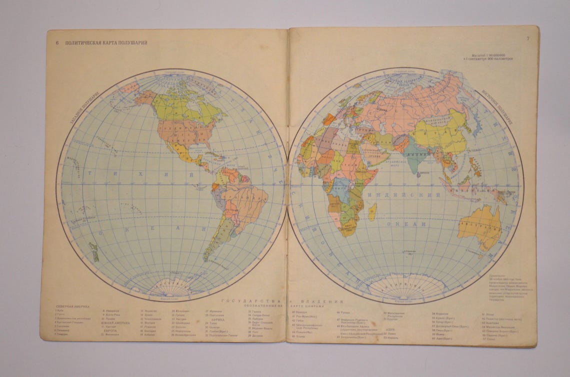 1960s Vintage Large World Maps Geographical Atlas USSR Educational ...