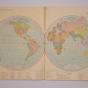 1960s Vintage Large World Maps Geographical Atlas USSR Educational ...