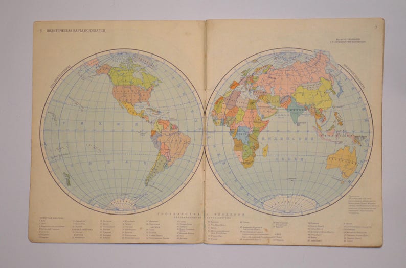 1960s Vintage Large World Maps Geographical Atlas USSR Educational ...