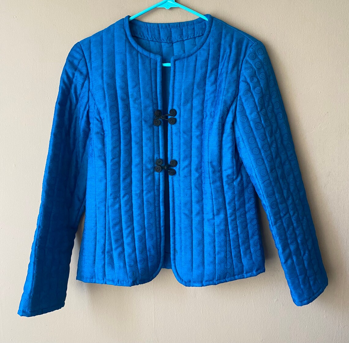Vintage Asian Frog Closure Puffy Quilted Jacket Coat Silk Blue Driving ...