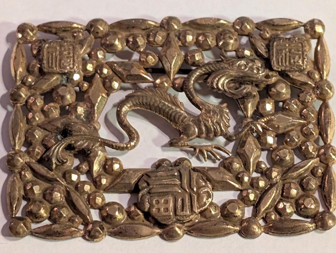Antique Chinese Copper Pin 2-1/2 X 2" Dragon & Character Cartouches ...