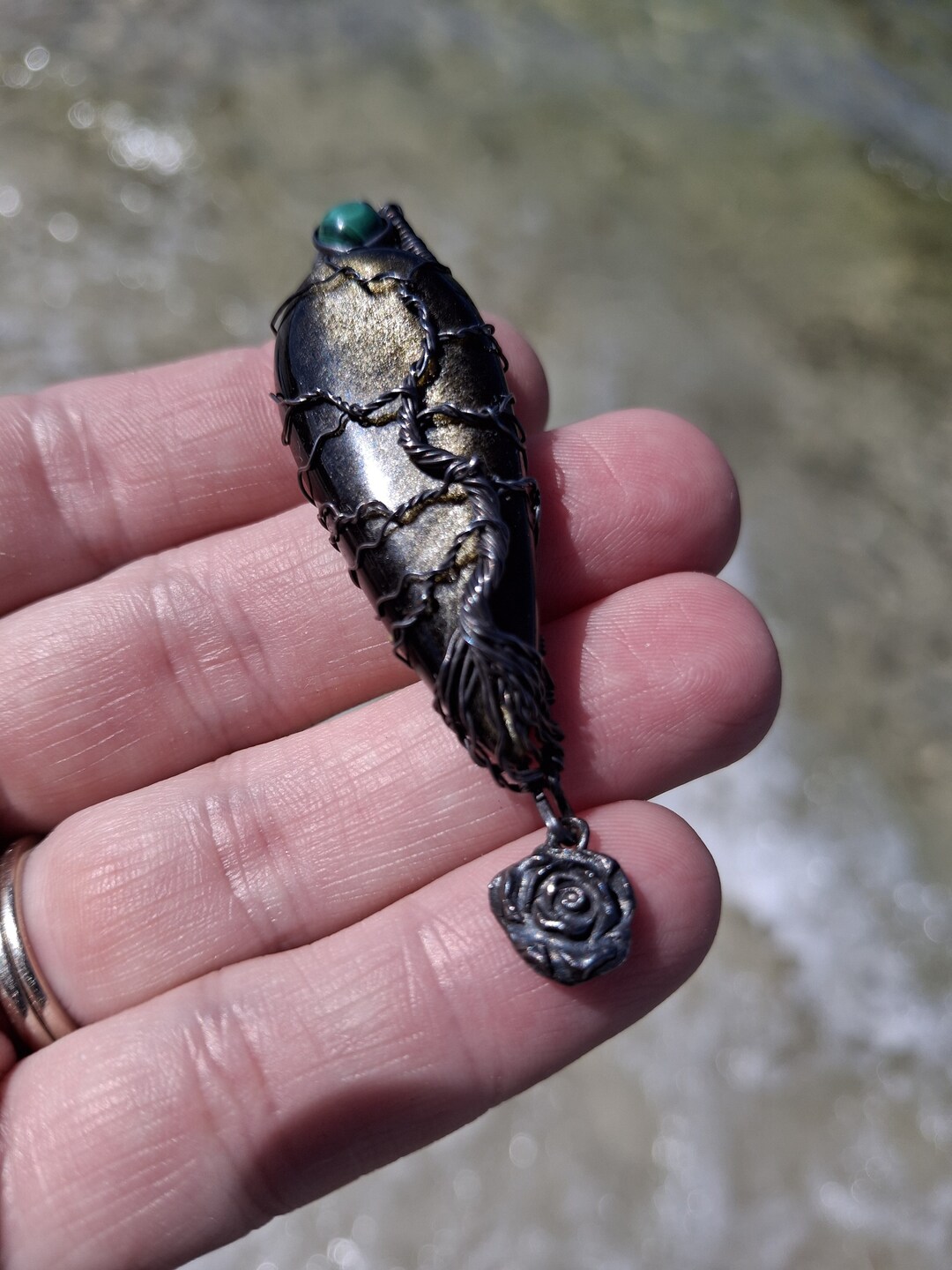 OOAK Tree of Life Wire Wrapped Pendant. Gold Sheen Obsidian & Malachite ...