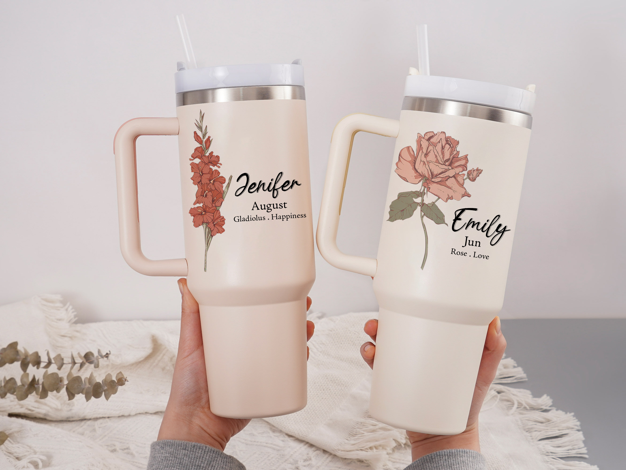 Birth Flower Tumbler Custom 40oz Tumbler With Handle &straw Insulated ...