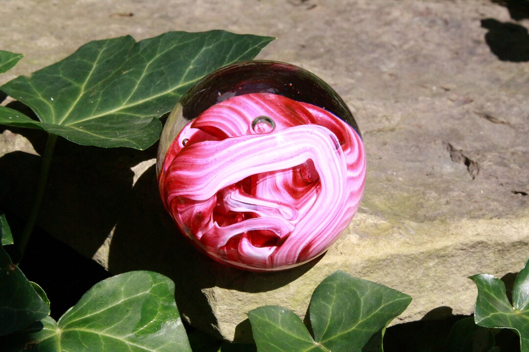 Handmade Glass Paperweight Ruby Red and White Swirls With Center Bubble ...