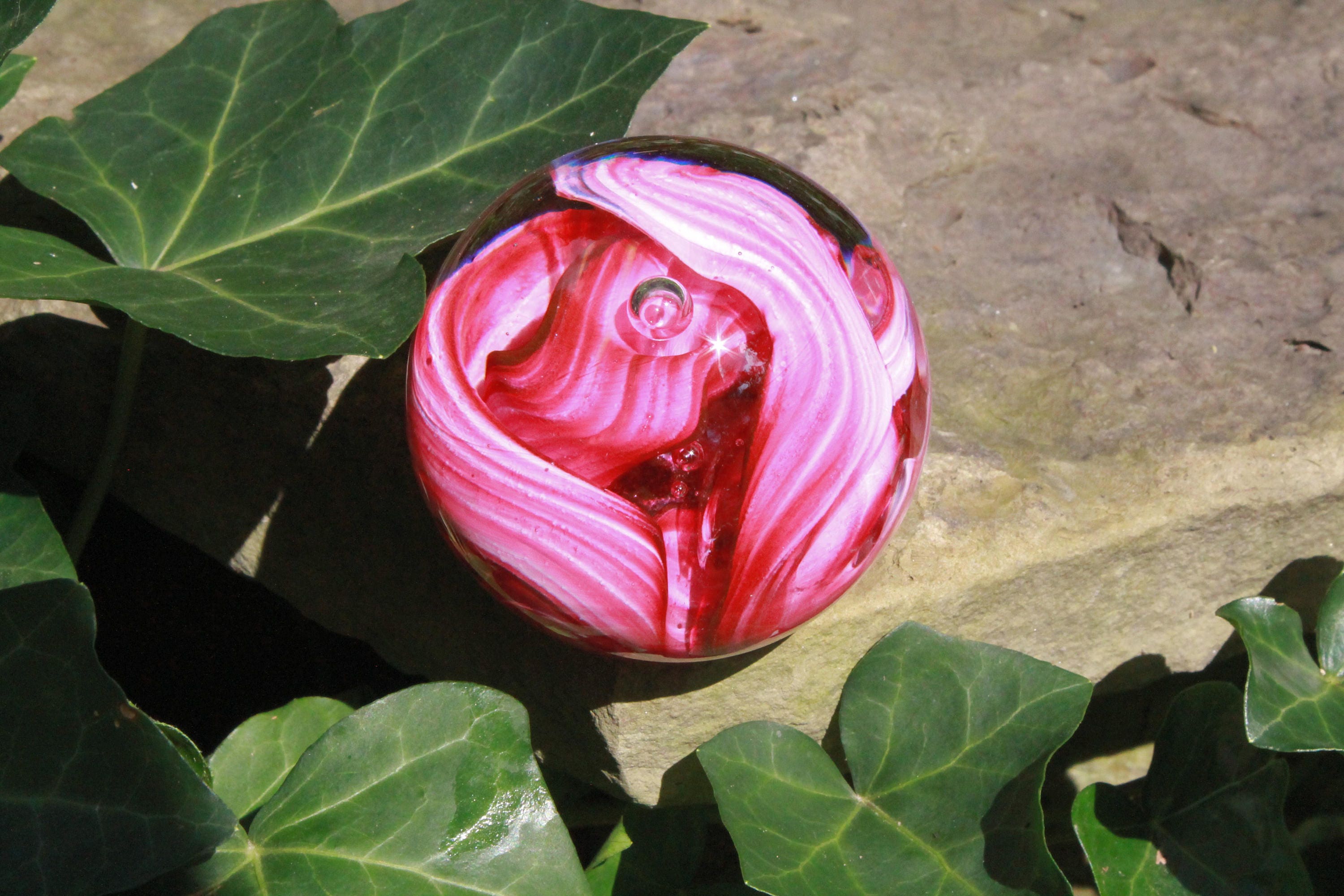 Handmade Glass Paperweight Ruby Red and White Swirls With Center Bubble ...