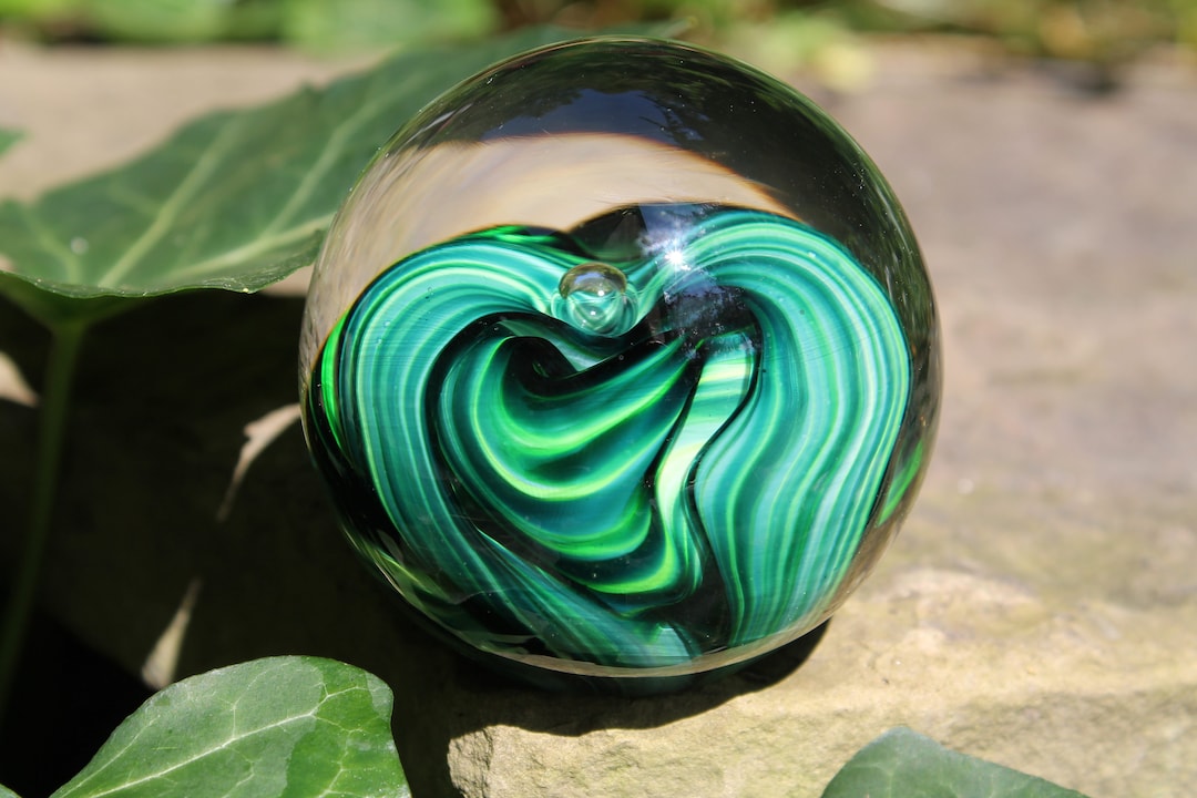 Handmade Glass Paperweight Green and White Swirls With Center Bubble - Etsy