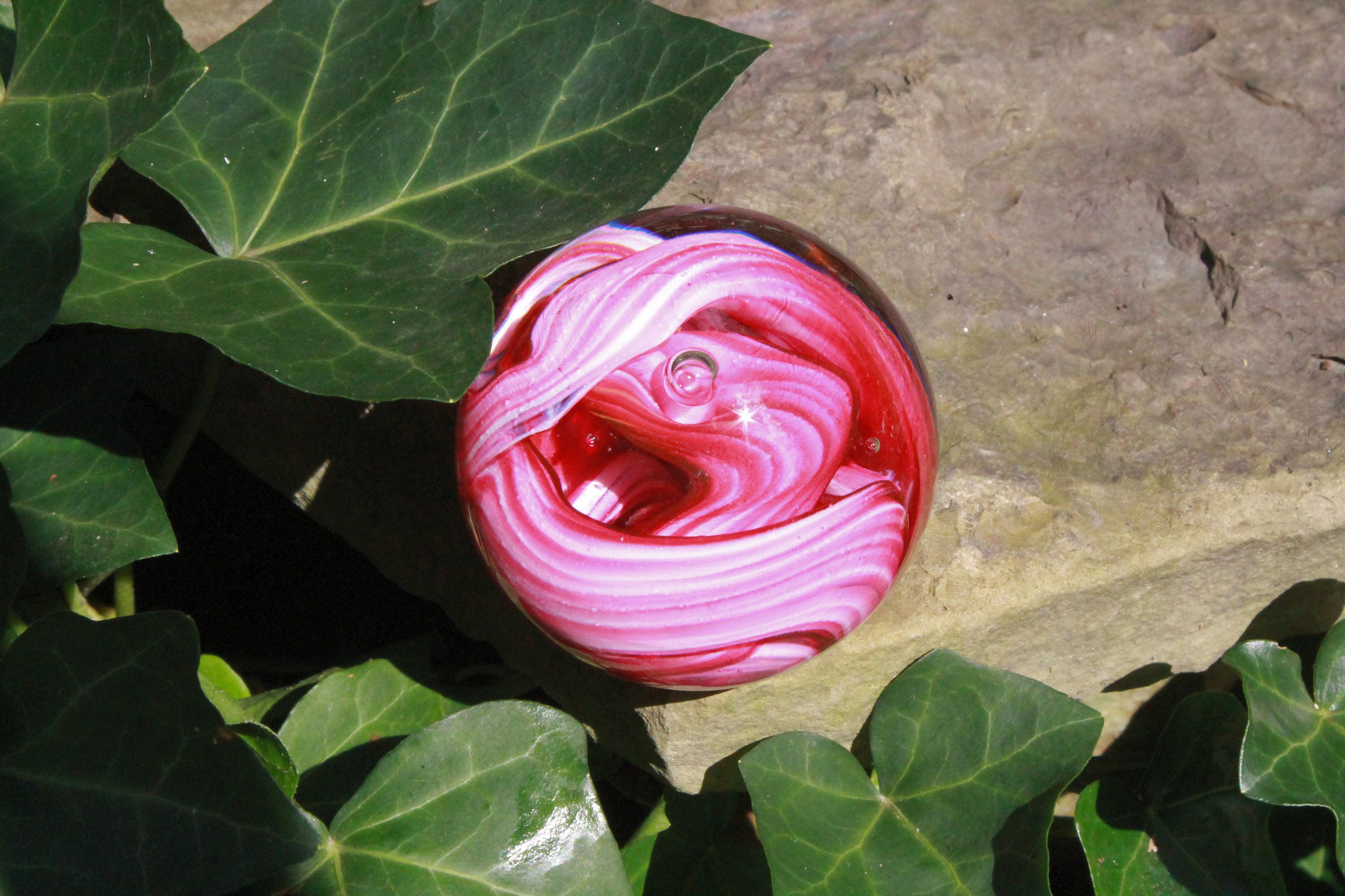 Handmade Glass Paperweight Ruby Red and White Swirls With Center Bubble ...