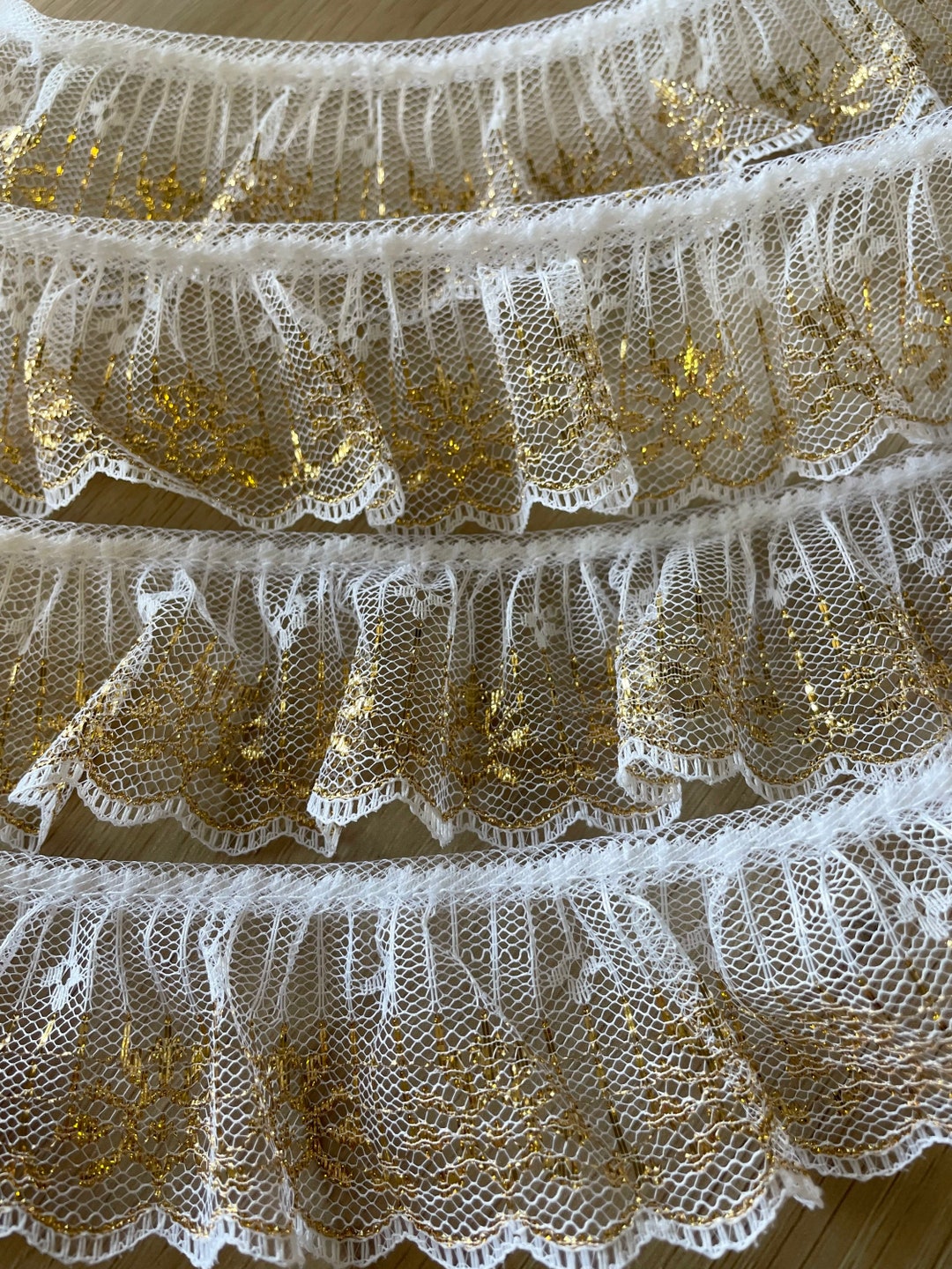 White Ruffled Lace With Gold Sparkle, 2 Inch, 1 Tier Lace Trim ...