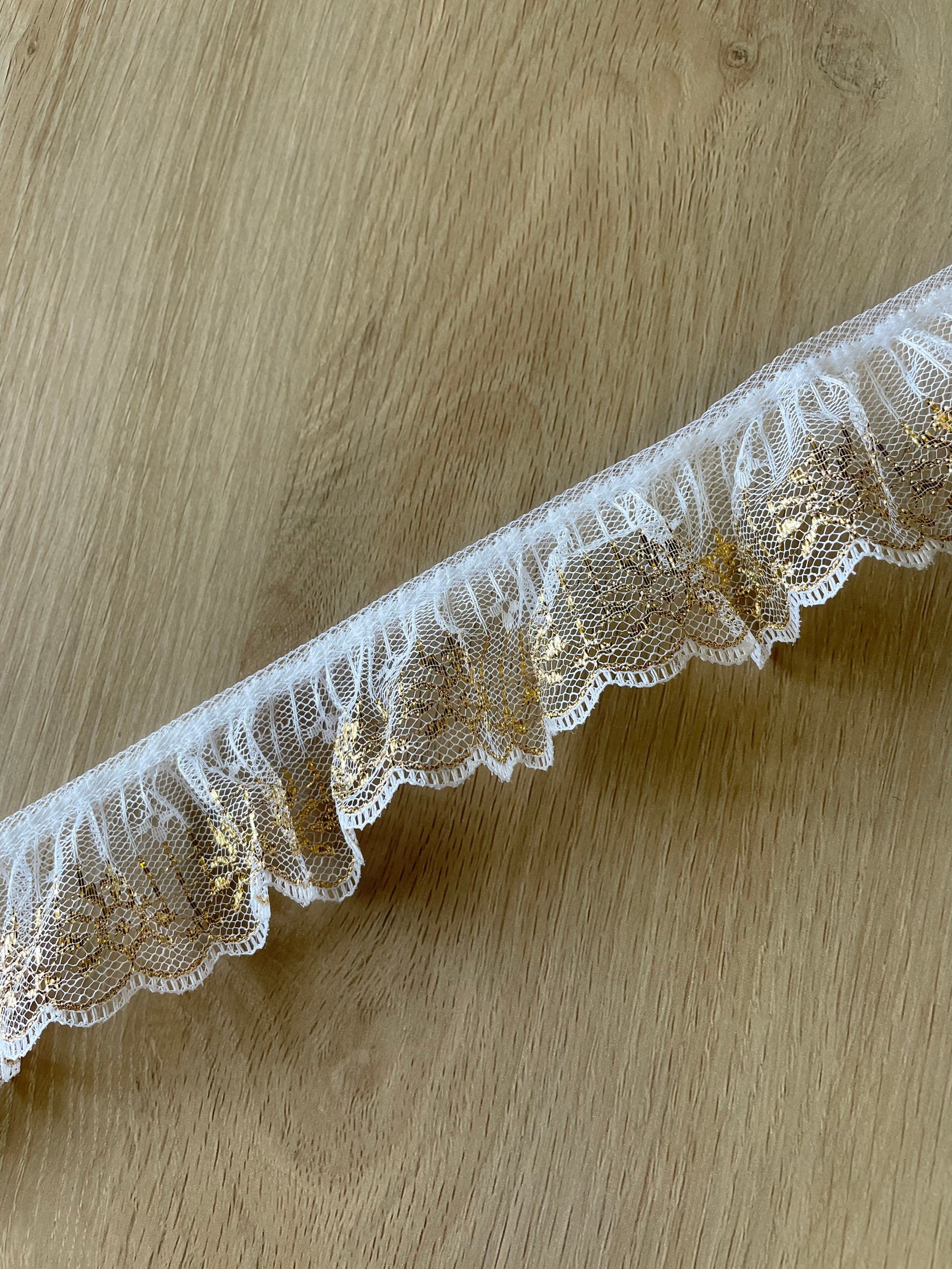 White Ruffled Lace With Gold Sparkle, 2 Inch, 1 Tier Lace Trim ...