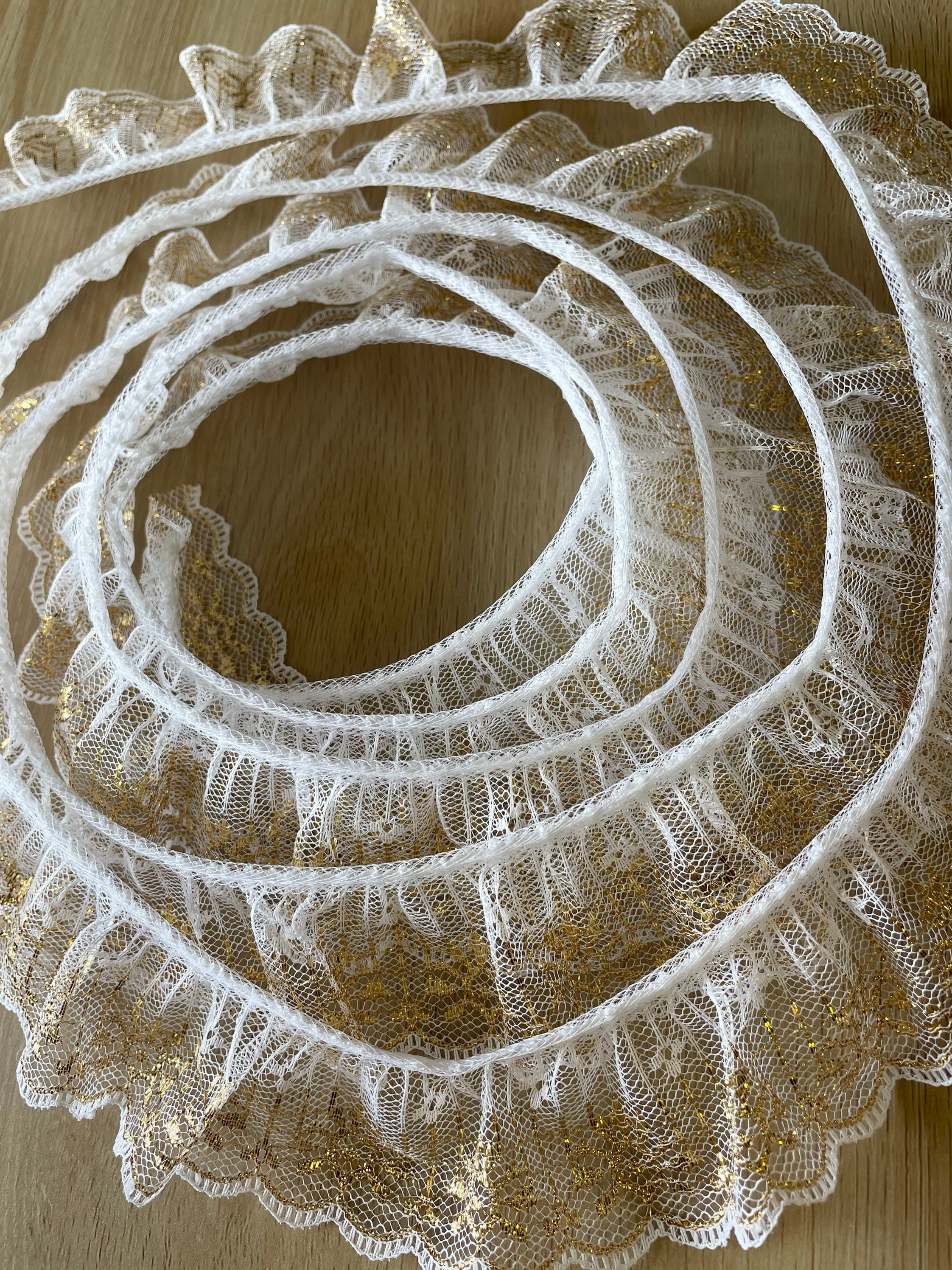 White Ruffled Lace With Gold Sparkle, 2 Inch, 1 Tier Lace Trim ...