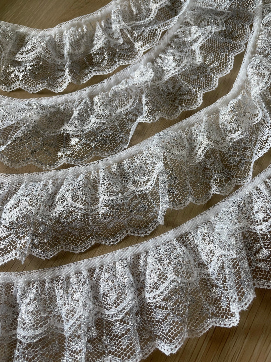 2 Yd 2 Tier Silver Lace Trim, Double Gathered 2 Inch Ruffle Lace ...
