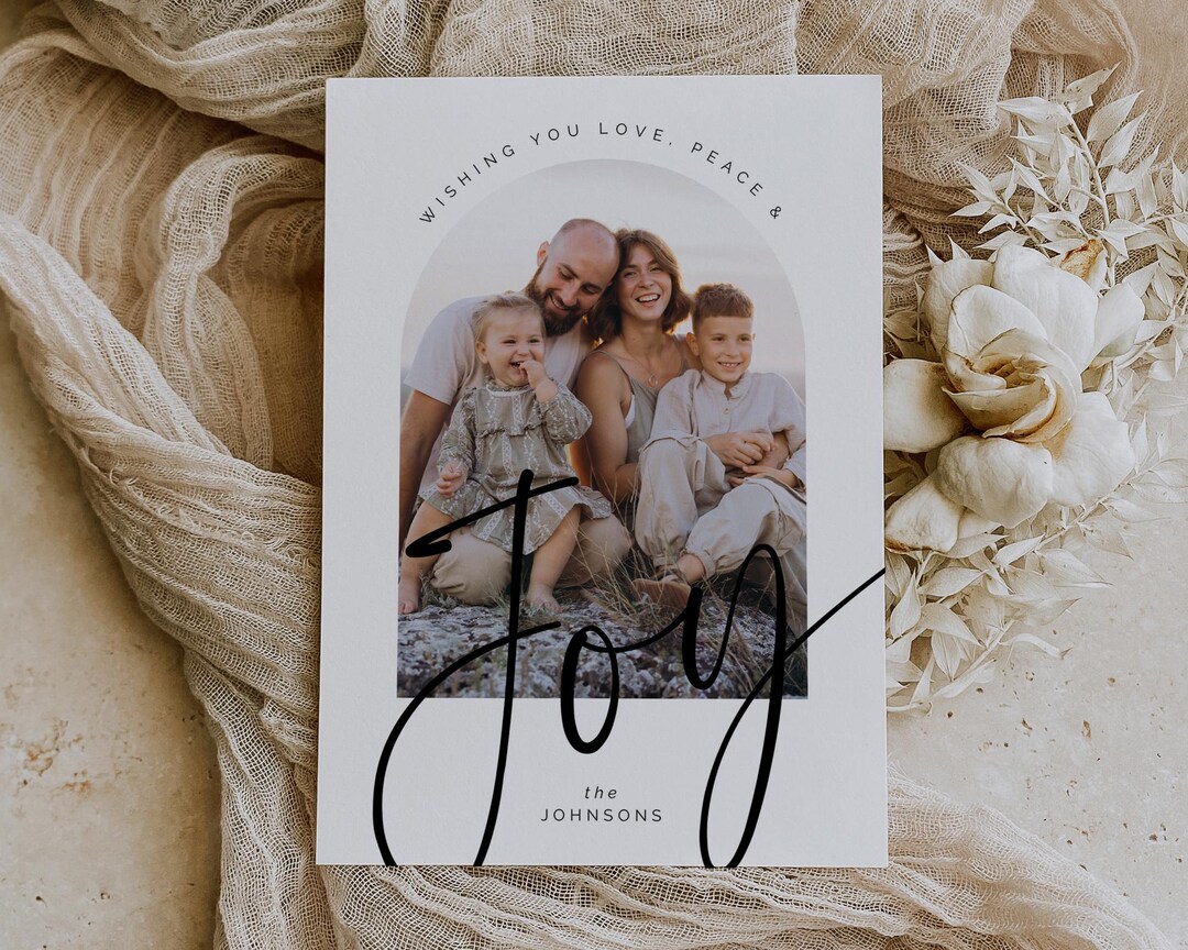 Joy Christmas Card Template, Minimalist Arch Photo Holiday Card, Boho ...