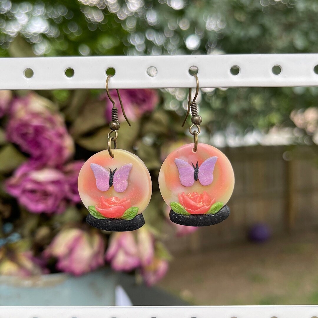 Rainbow Cloche W Purple Sparkle Butterfly and Pink Rose Polymer Clay ...