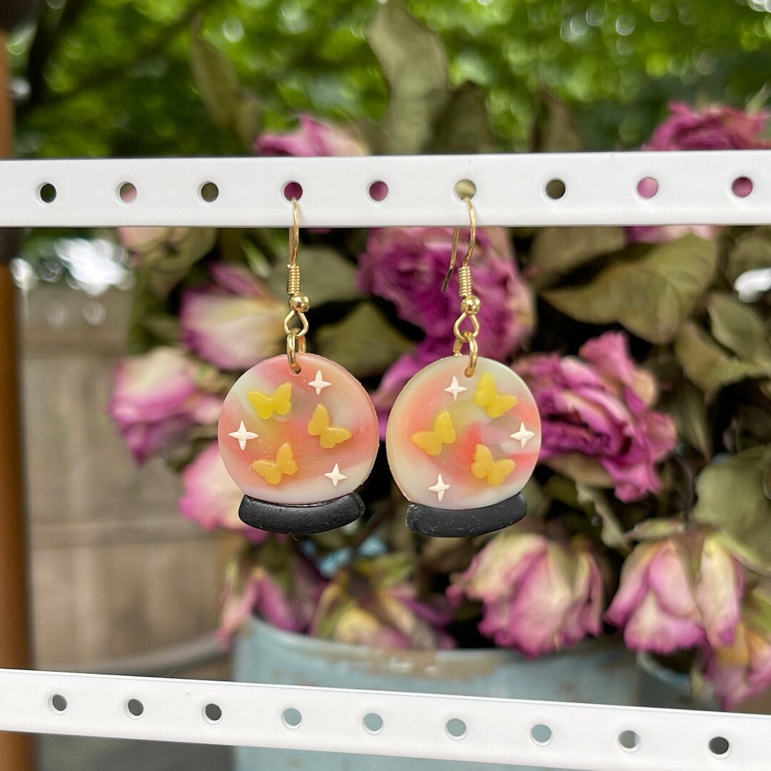 Rainbow Cloche W Yellow Butterflies Polymer Clay Earrings Translucent ...