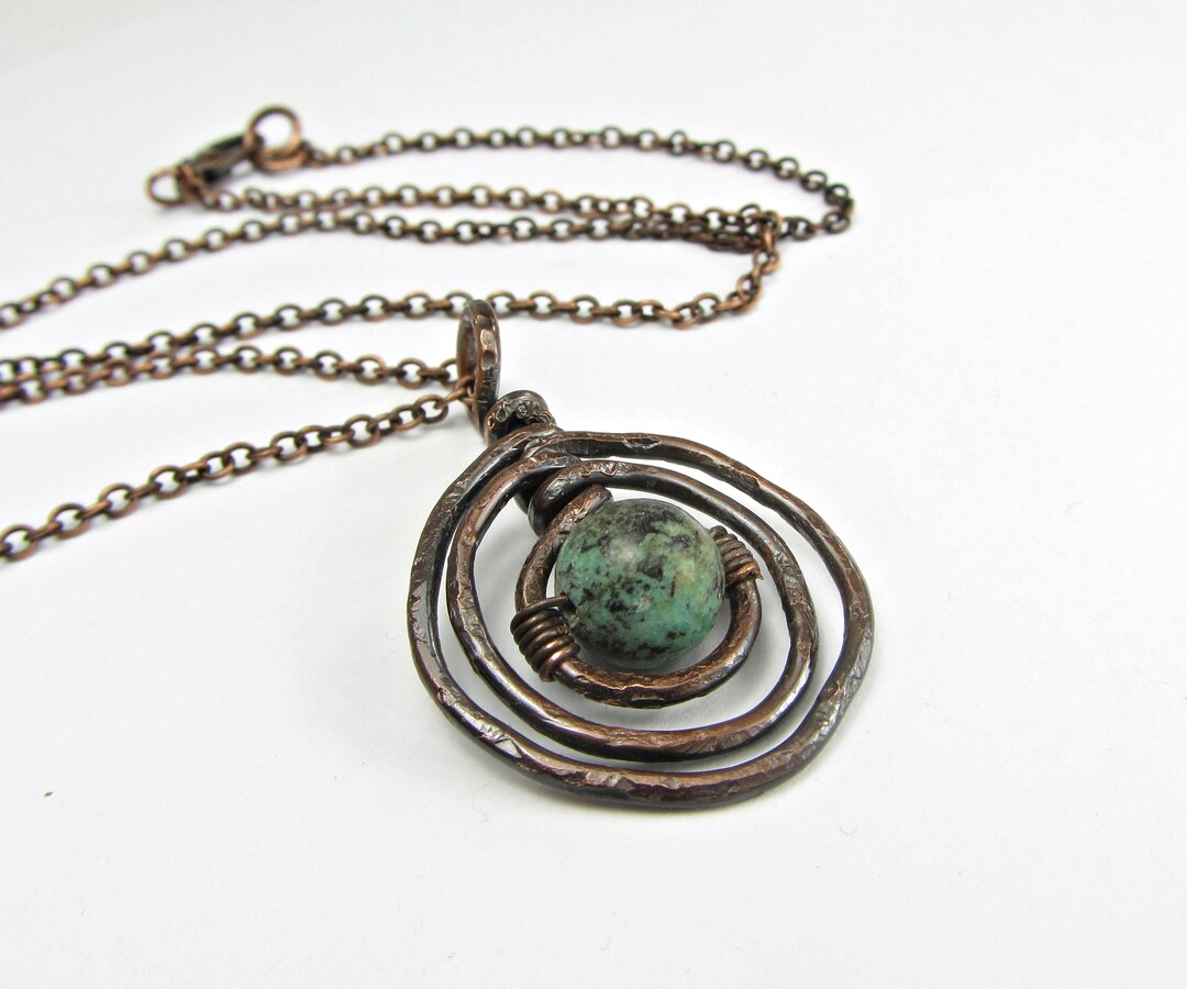 Hammered Spiral Pendant, Turquoise, Unisex Necklace, Handmade Hoop Pendant, Boho Copper Necklace ...