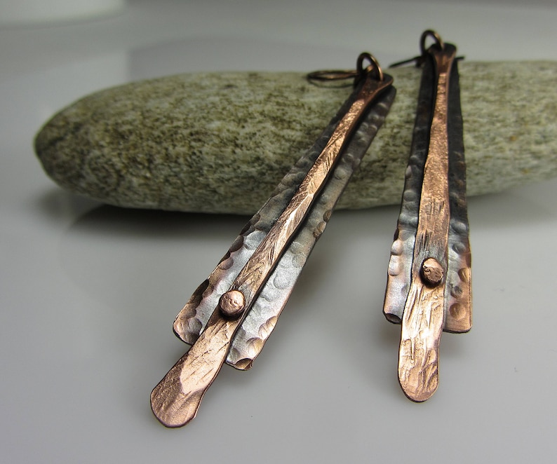 Long Hammered Copper Earrings Handmade Boho Earrings Dangle Etsy