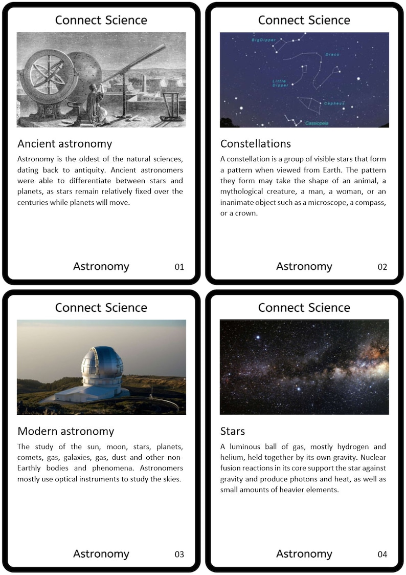 Astronomy Printable Learning / Revision Cards 80 Card Deck With Cheat ...
