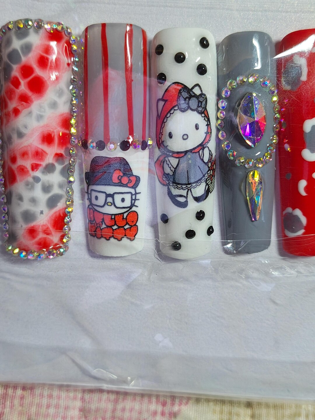 Hello Chaos | Long Square Press-on Nails | Red & Grey | Character Nail ...