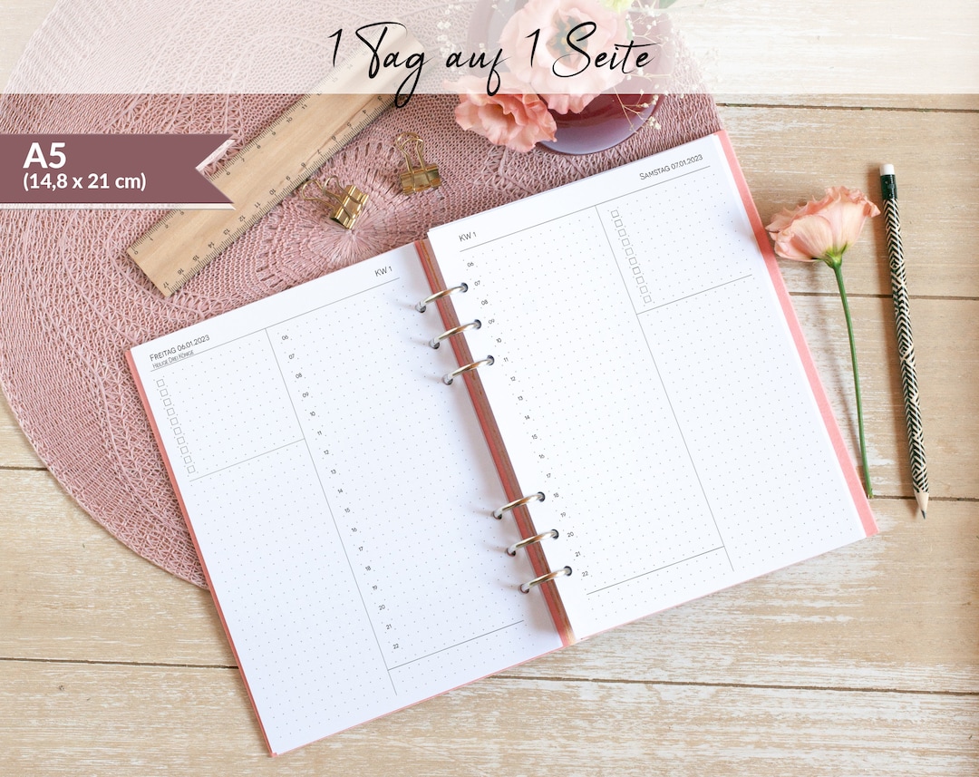 Kalendereinlagen A5 oder Personal 1 Tag 1 Seite Tagesplaner punktkariert 2024 2025 für Filofax ...